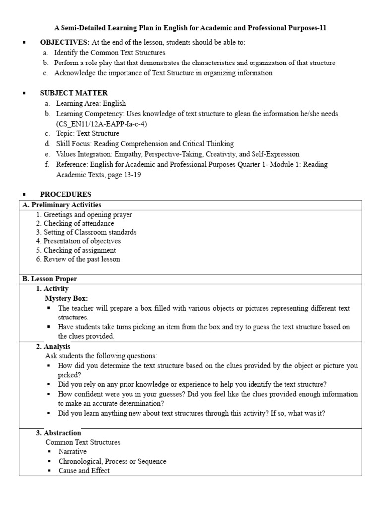Learning Plan in EAPP Quarter 1 Module 1 Lesson 2 Text Structure | PDF ...
