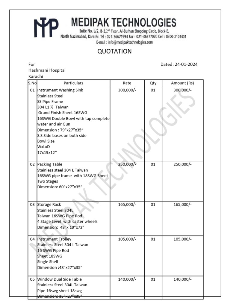 Hospital Equipment Quotation 2024 | PDF