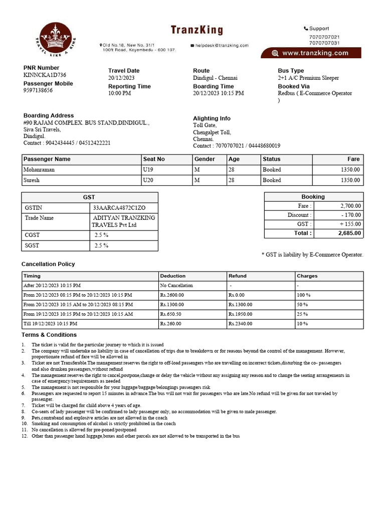 Dindigul To Chennai GST Invoice | PDF | Baggage | Transport