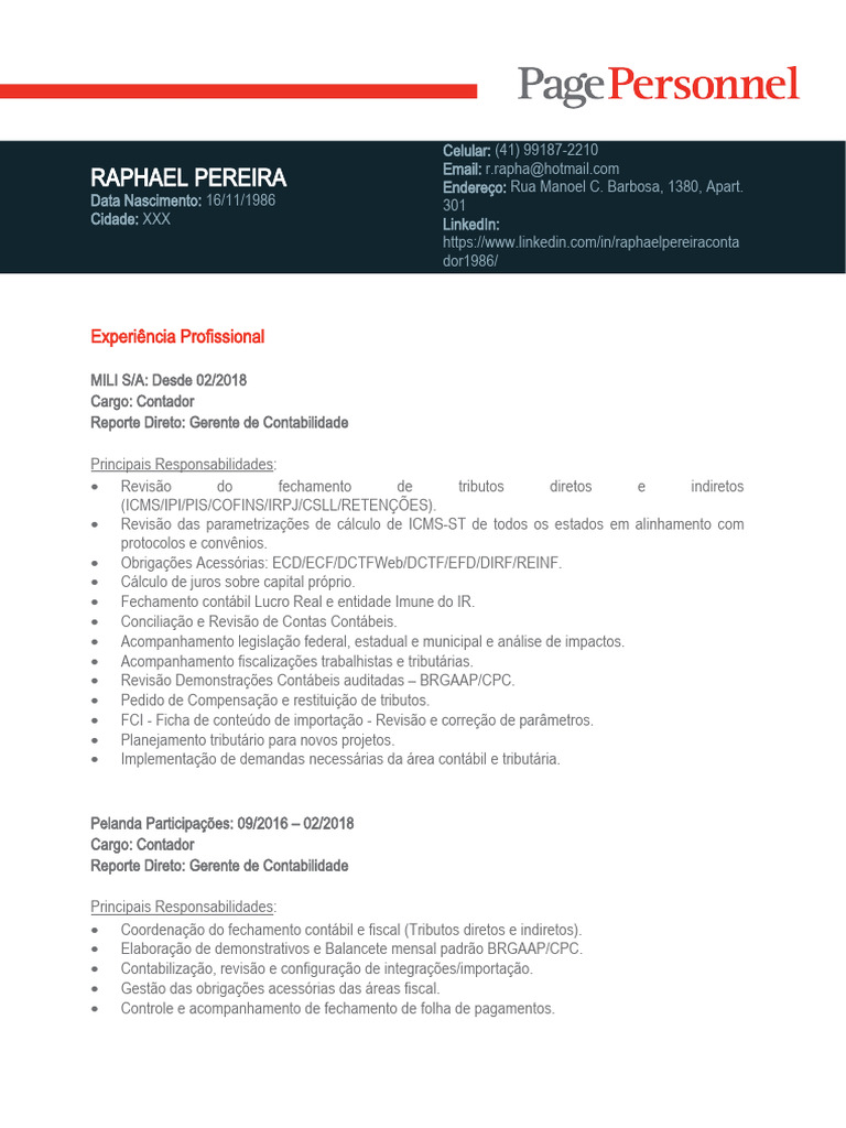 CV PP - Seu Nome Aqui - Port | PDF | Contabilidade | Salário