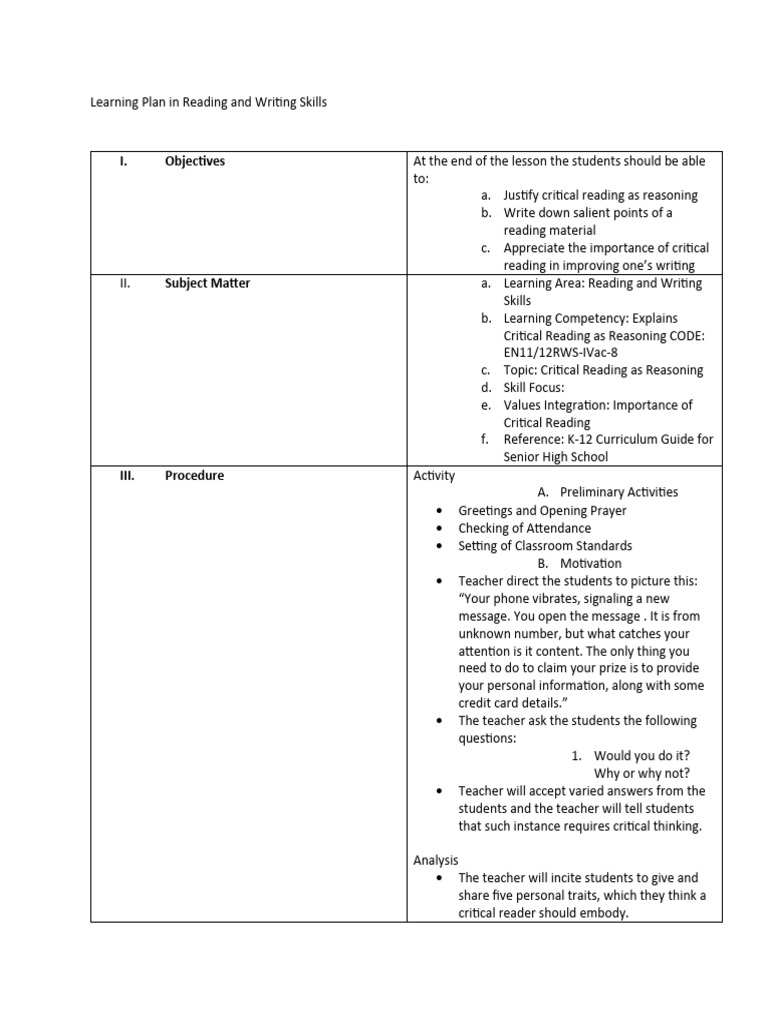 RWS-LEARNING-PLAN | PDF | Teachers | Critical Thinking