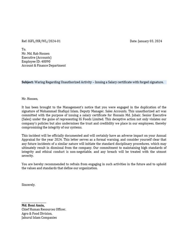 Warning Letter For Poor Performace 32750 | PDF