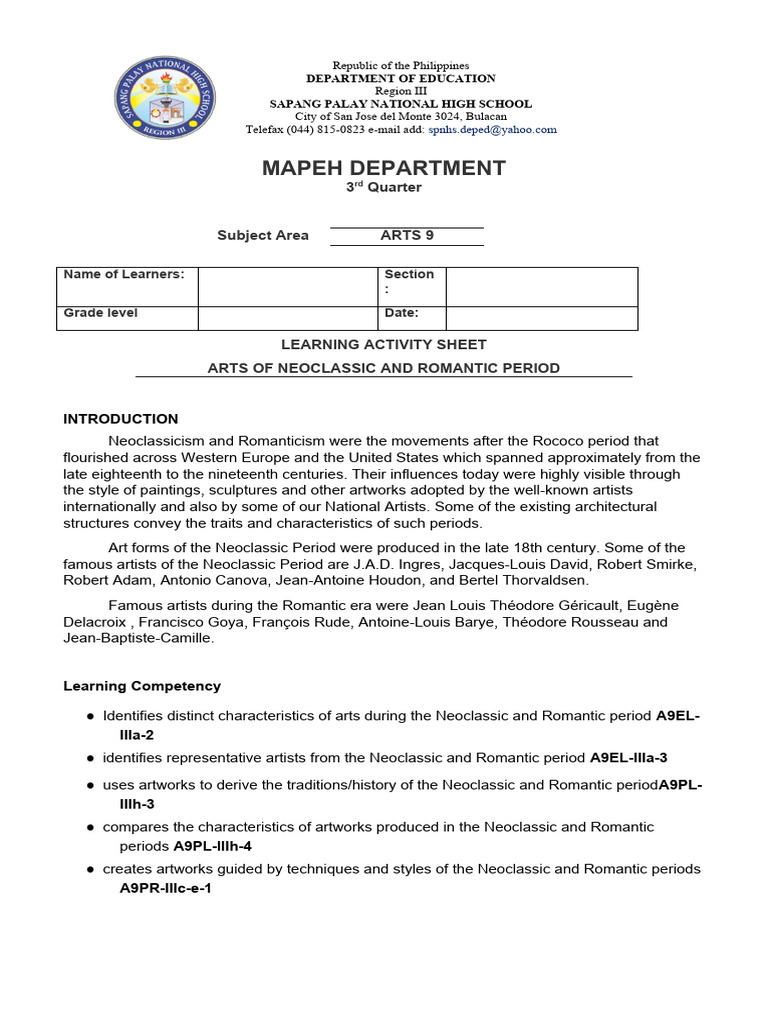 Arts LAS 3rd Grading 1 | PDF | Romanticism | Sculpture
