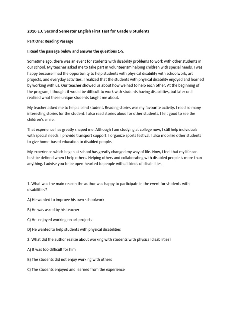 2016 E.C Second Semester English First Test For Grade 8 Students | PDF ...