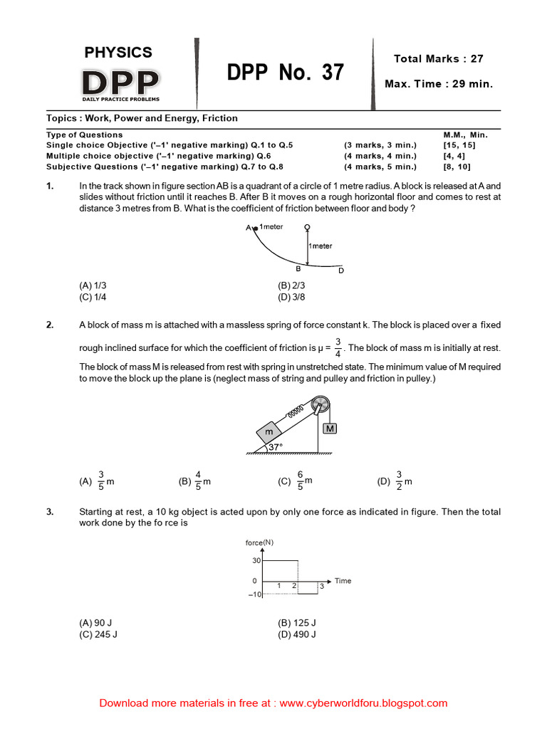 Physics DPP 37: Work, Power, Energy | PDF | Friction | Force