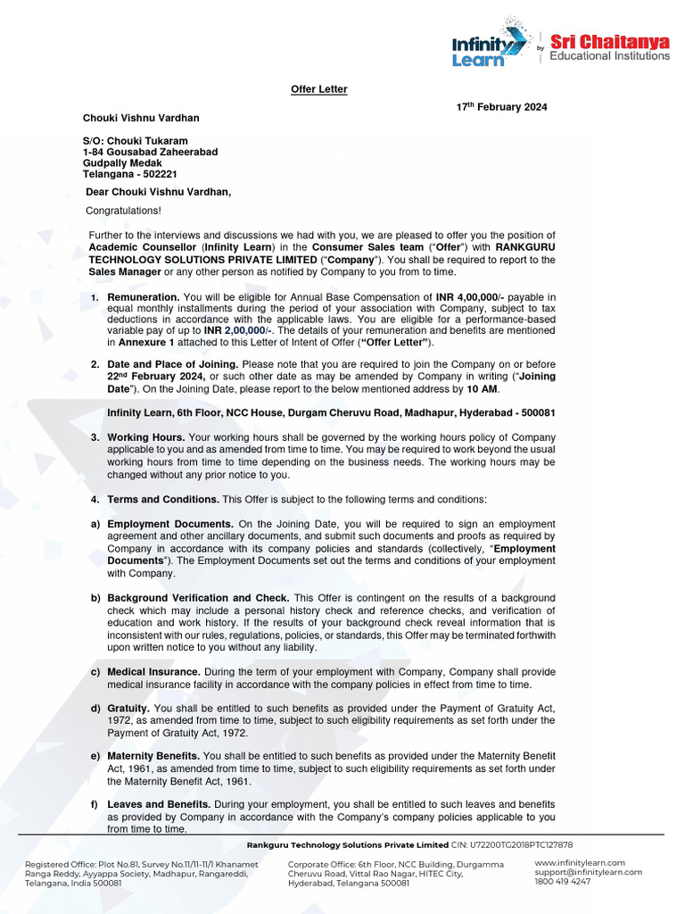 Offer Letter for Academic Counsellor | PDF | Employment | Justice