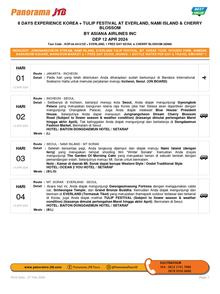 (Elc) - Kop-08 0412 - Oz + Everland, 1 Free Day Seoul & Cherry Blossom ...
