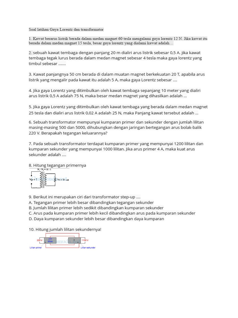 Soal Latihan Gaya Lorentz Dan Transformator | PDF