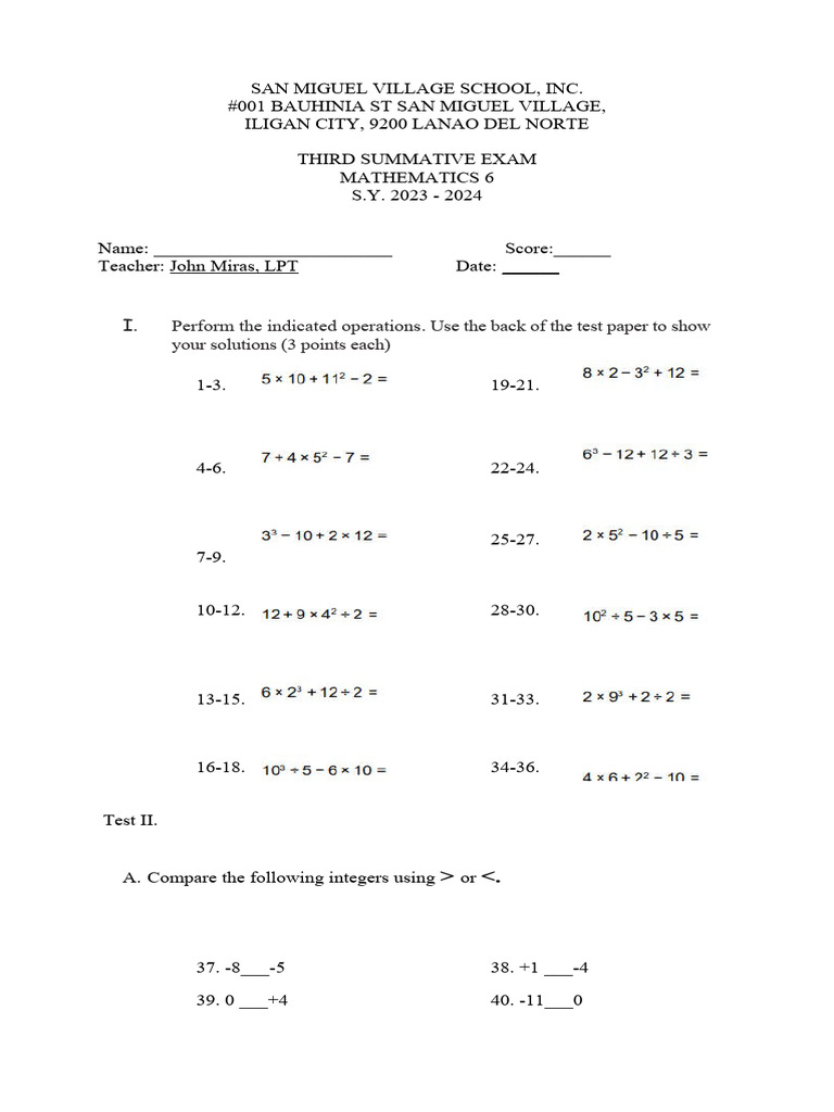 Math 6 THIRD SUM Exam 2024 | PDF