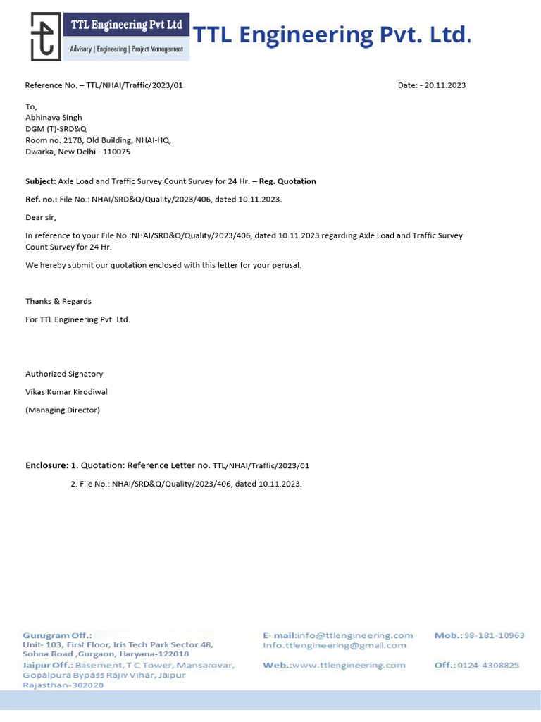Quotation for Traffic Survey by TTL Engineering | PDF