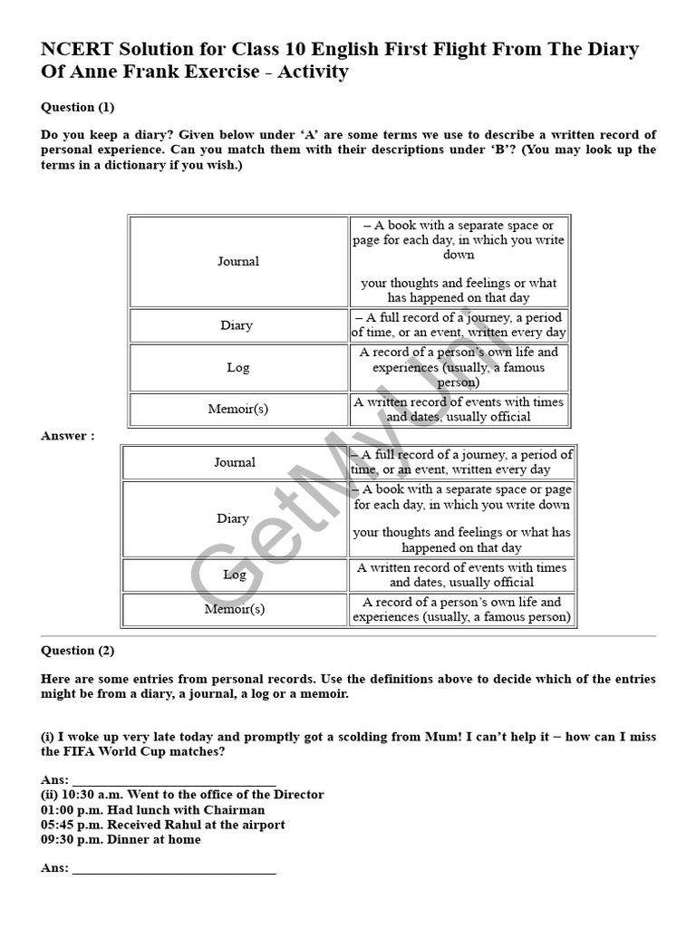 10 English First Flight From the Diary of Anne Frank | PDF | Essays ...