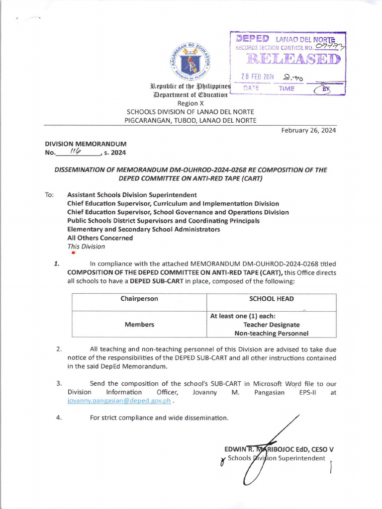 Dissemination of Memorandum Dm-Ouhrod-2024-0268 Re Composition of The ...