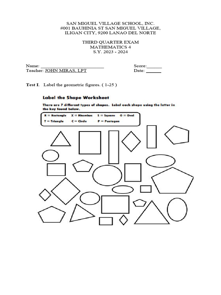 Grade 4 Geometry Exam Worksheet | PDF