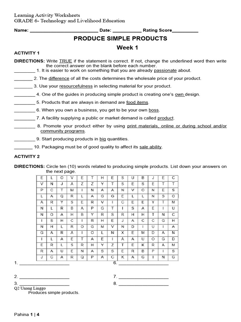 Produce Simple Products Week 1: Learning Activity Worksheets GRADE 6-Technology and Livelihood ...