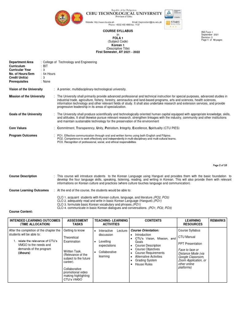 FINAL FOLA 1 COURSE SYLLABUS 1ST SEM 2021 2022 Ma Leslie Basallo 1 | PDF | Korean Language ...