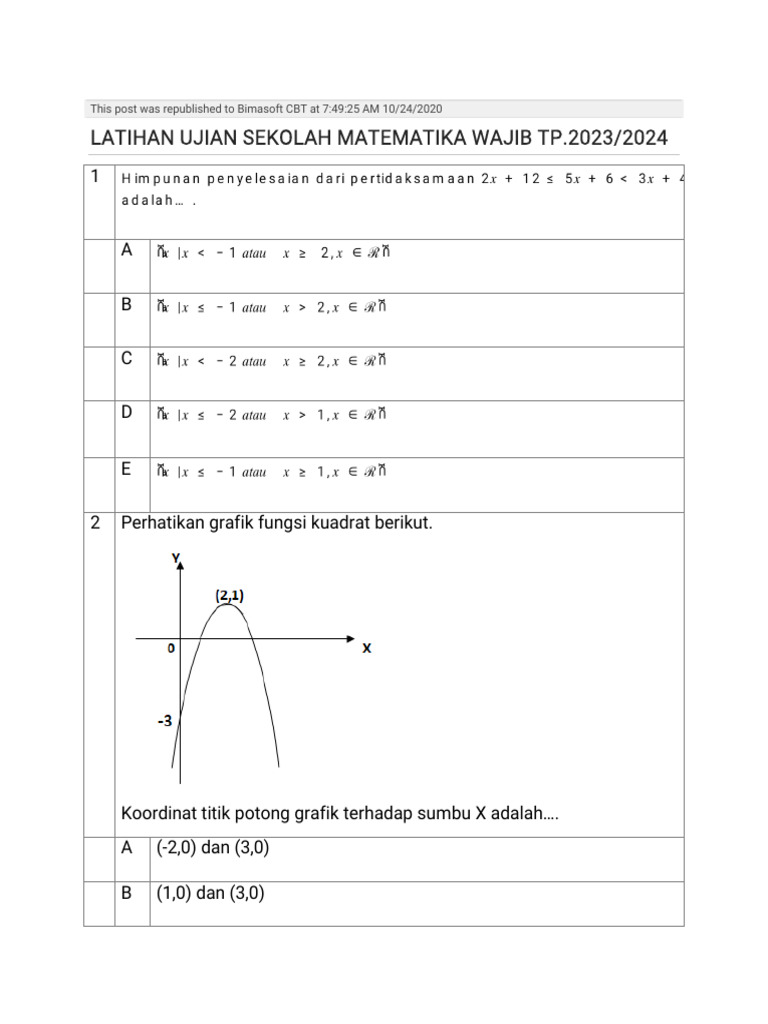 Latihan Soal Ujian Sekolah Matwa | PDF