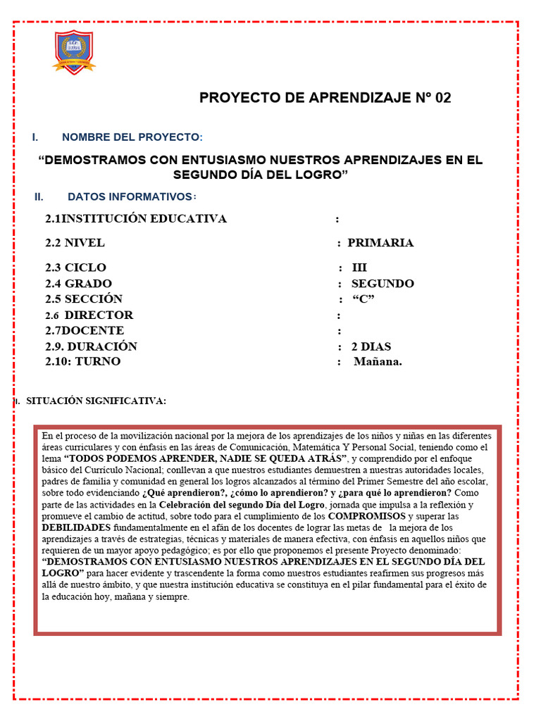 Proyecto Segundo Dia Del Logro - 2023 | PDF | Aprendizaje | Evaluación