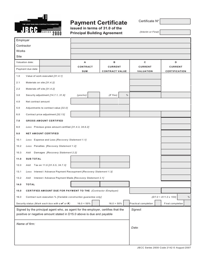 JBCC Payment Certificate PBA 2142.aug07 | PDF | Money | Business Law