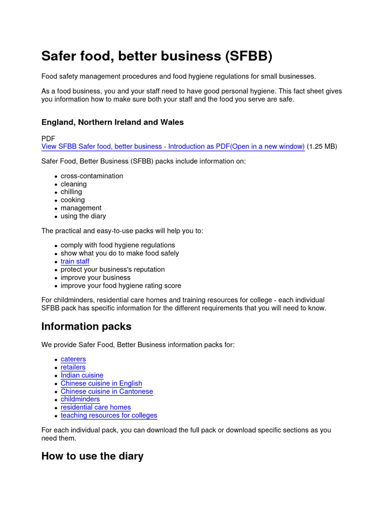 Safer Food Better Business SFBB | PDF