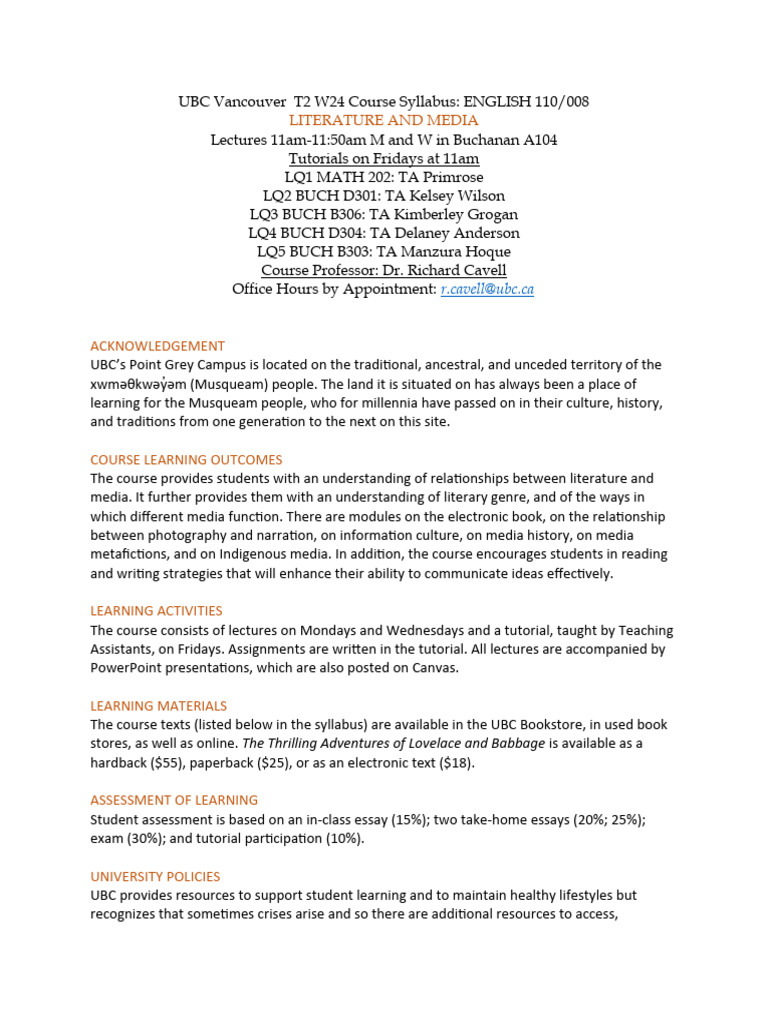 2024 English 110 Section 8 Syllabus | PDF | Plagiarism