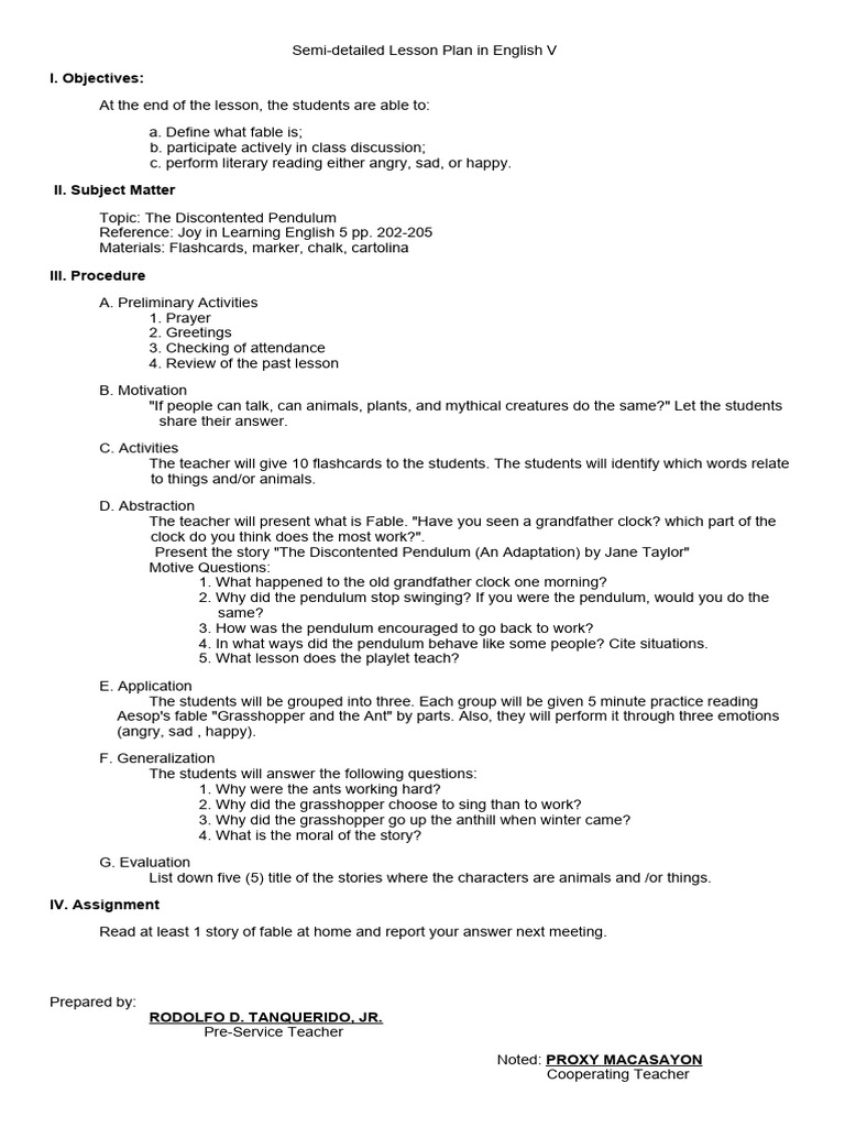 Lesson Plan in English V | PDF | Lesson Plan | Fable