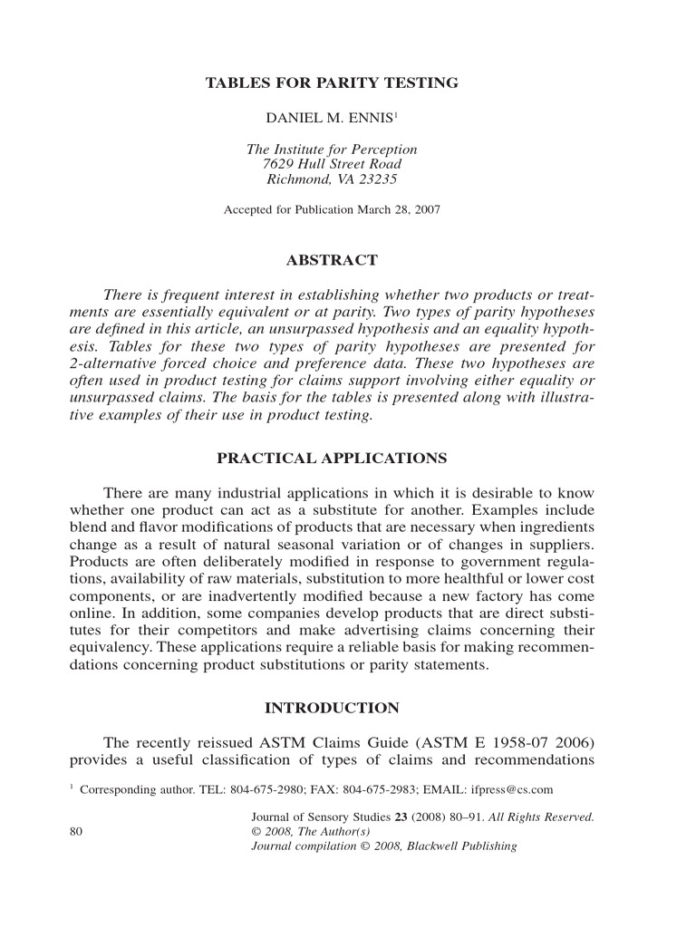 Ennis2008 - TABLES FOR PARITY TESTING | PDF | Null Hypothesis | Hypothesis