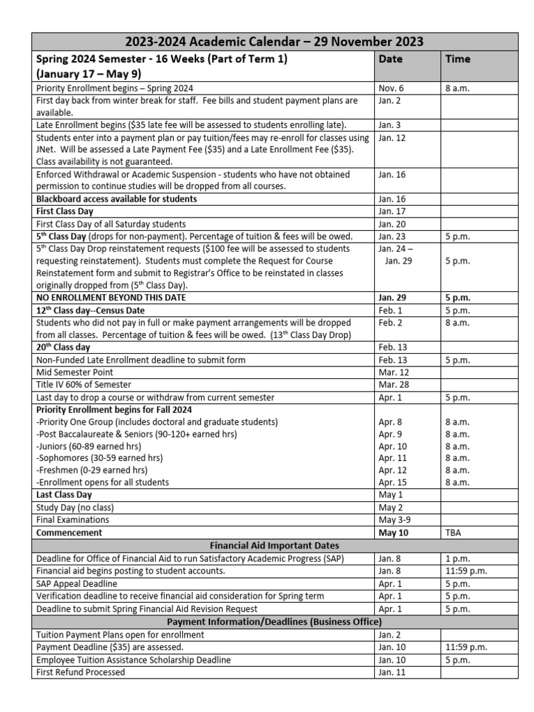 2024 Spring Academic Calendar 16 Weeks | PDF