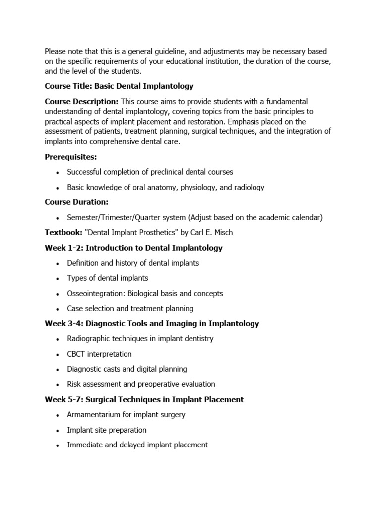 Basic Implantology Please Note That This Is A General Guideline | PDF | Dental Implant | Dentistry