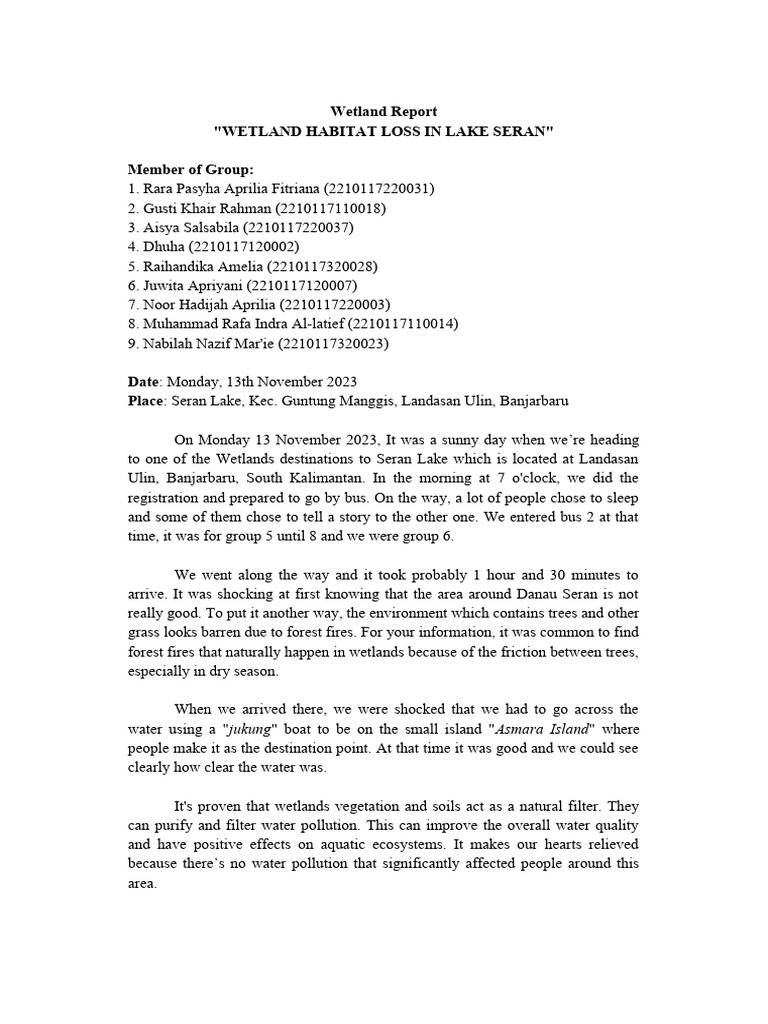 Wetland Report Group 6 | PDF | Habitat Destruction | Lake