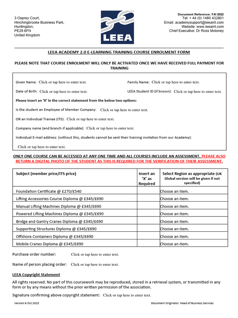 F4l 2022 LEEA Academy E-Learning Training Course Enrolment Form Version ...