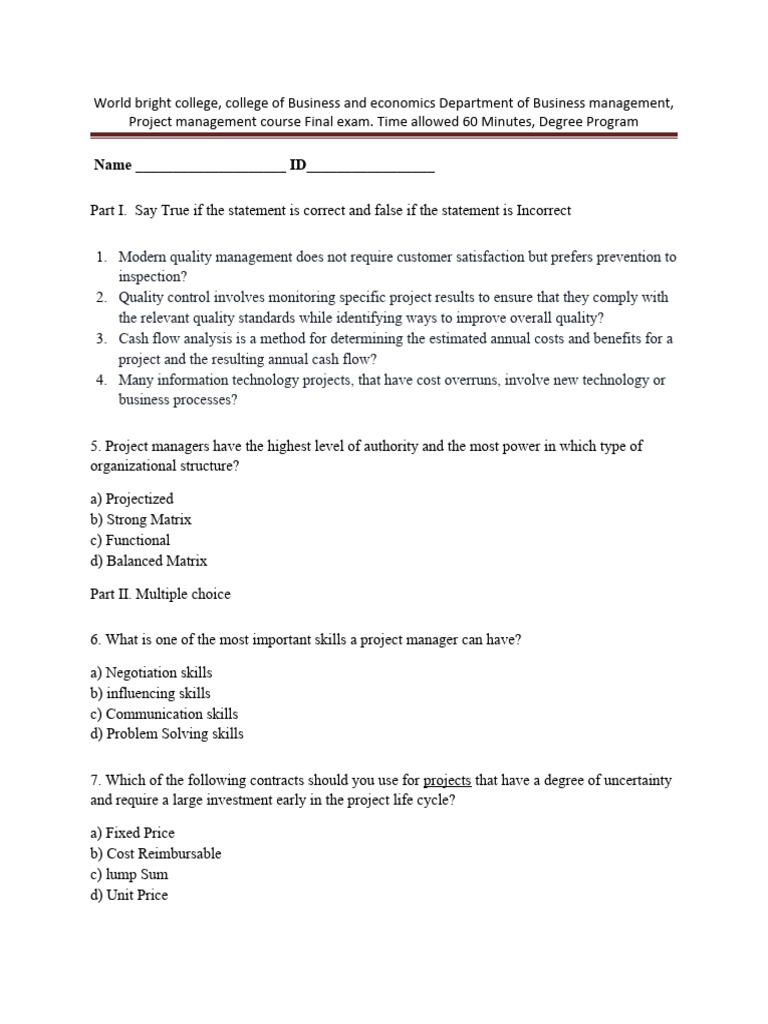 Project Final Exam | PDF | Project Management | Leadership