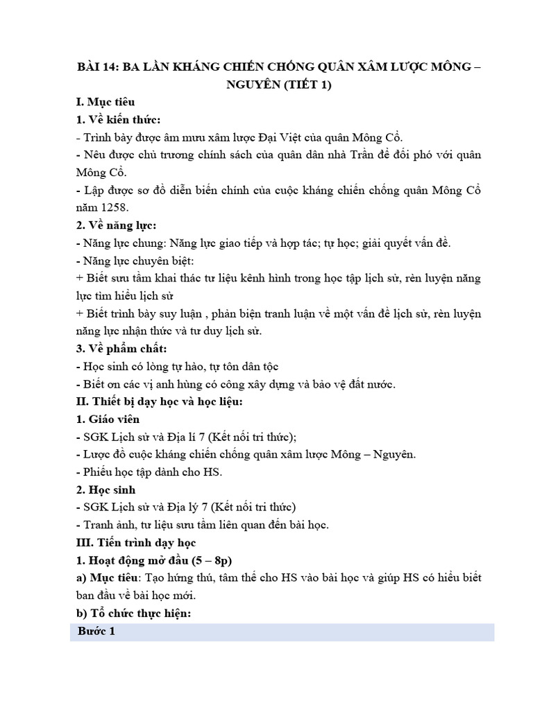 KHBD - Bài 14. Ba Lần Kháng Chiến Chống Quân Xâm Lược Mông - Nguyên (Tiết 1) | PDF