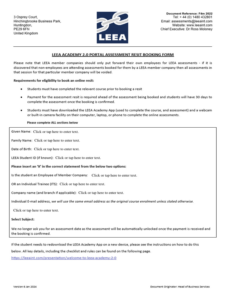 F4m 2022 LEEA Academy 2-0 Online Assessment Resit Booking Form ...