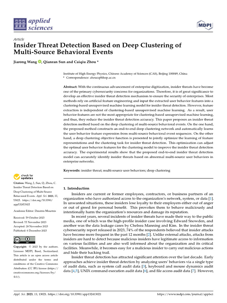 Mdpi Insider Threat Detection Based On Deep Clustering Of Multi Source Behavioural Events Pdf