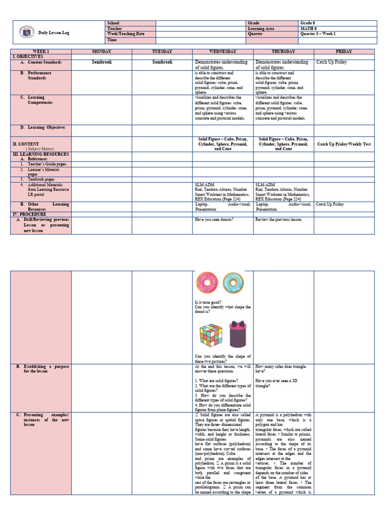 DLL Math Q3 W1 | PDF | Rectangle | Shape