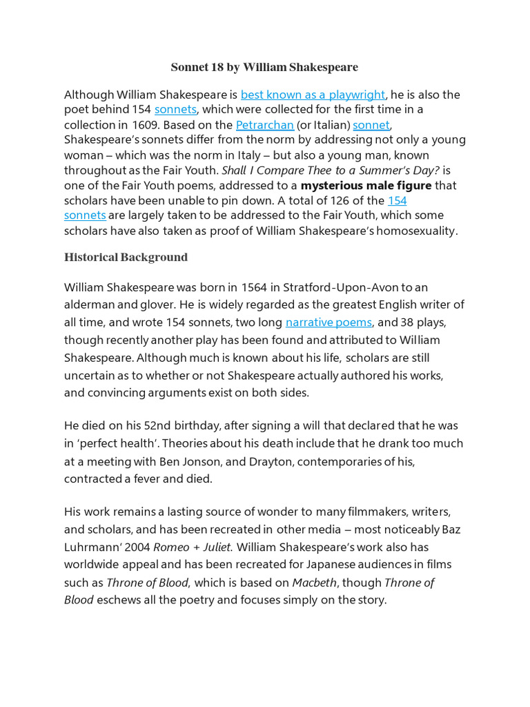 Sonnet 18 by William Shakespeare | PDF | Shakespeare's Sonnets ...