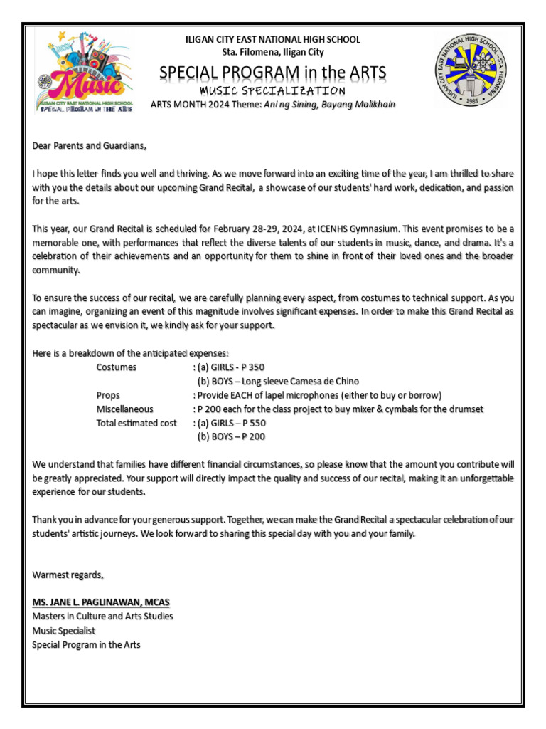 2024 SPECIAL PROGRAM IN THE ARTS GRAND RECITAL - Letter To Parents ...