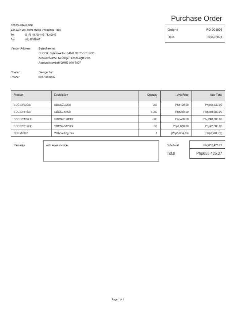 PurchaseOrder-PO-001906 Revised v2 | PDF | Finance & Money Management