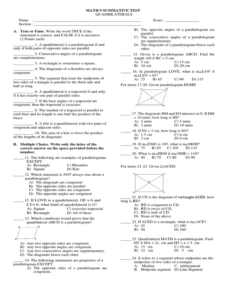 Quadrilaterals Summative Test | PDF | Rectangle | Elementary Geometry