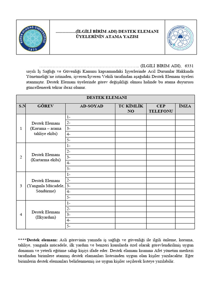 2destek Elemani Uyelerinin Atama Yazisi Ve Acil Durum Ekip Listeleri | PDF