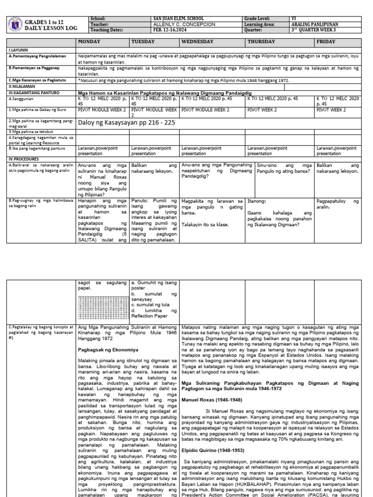 DLL - Araling Panlipunan 6 - Q3 - W3 | PDF