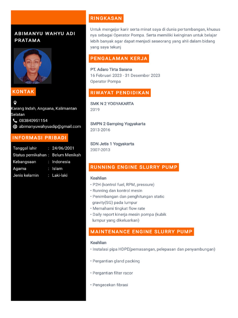 CV - Mekanikfresh - Abimanyu Wahyu Adi Pratama | PDF