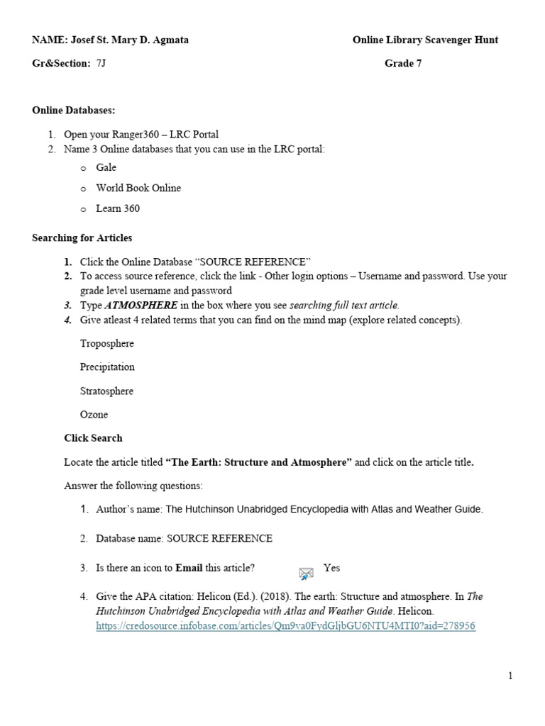 Grade 7 Online Library Scavenger Hunt | PDF