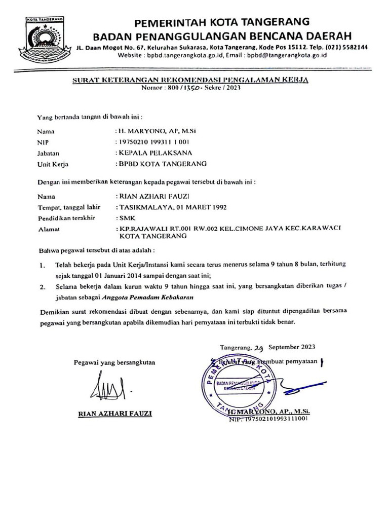 Surat Rekom Pengalan Kerja CAH (Ematrai) | PDF