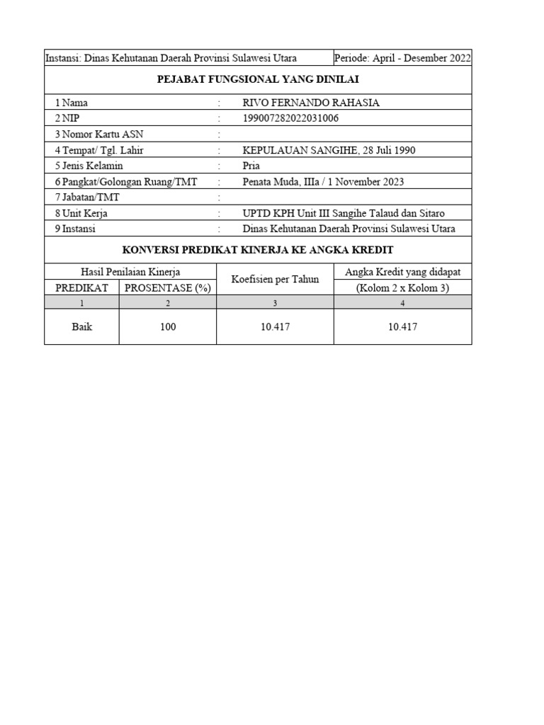 Konversi Predikat Kinerja - Form 1 | PDF