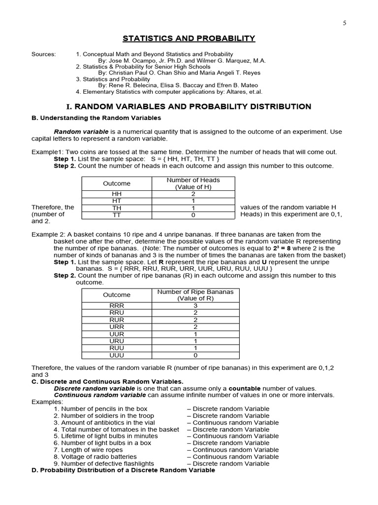 Notes No. 2 RANDOM VARIABLES PROBABILITY DISTRIBUTION | PDF ...