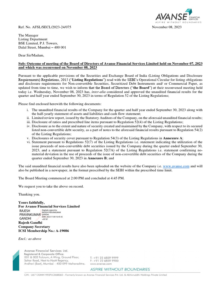 Half Yearly Communication For H1FY24 | PDF | Audit | Accounting