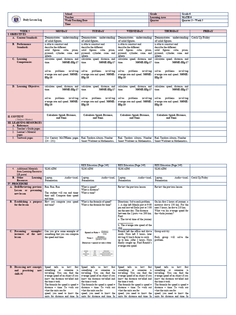 DLL Math Q3 W5 | PDF | Speed | Distance