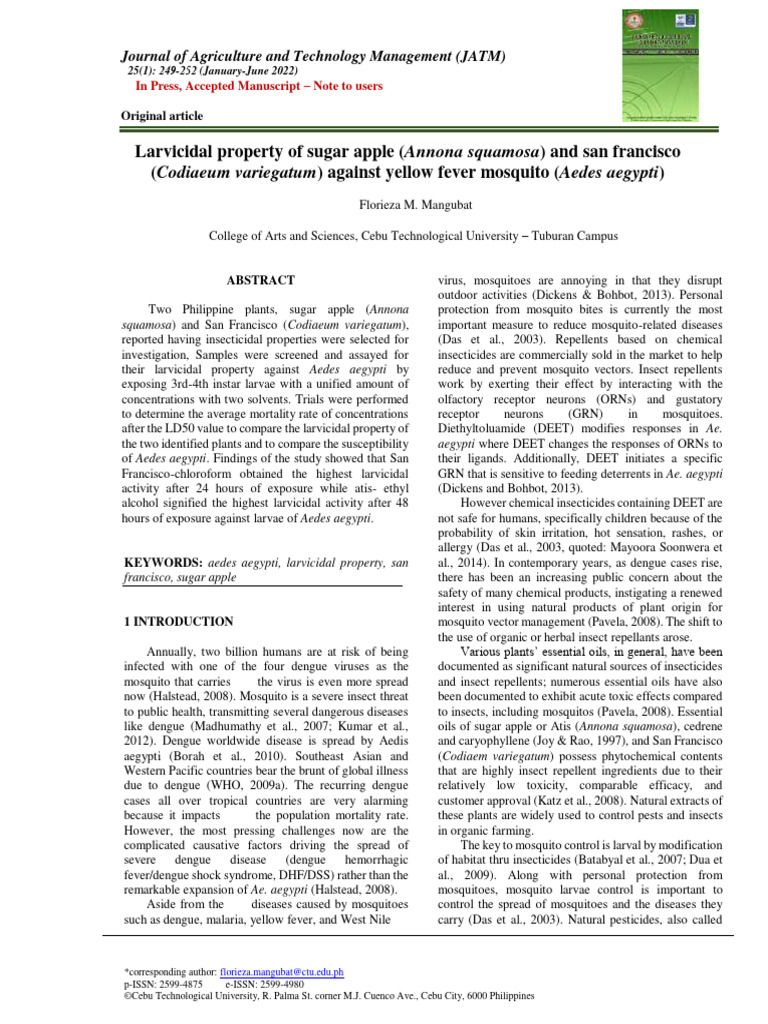 Larvicidal Property of Sugar Apple (Annona Squamosa) and San Francisco (Codiaeum Variegatum ...