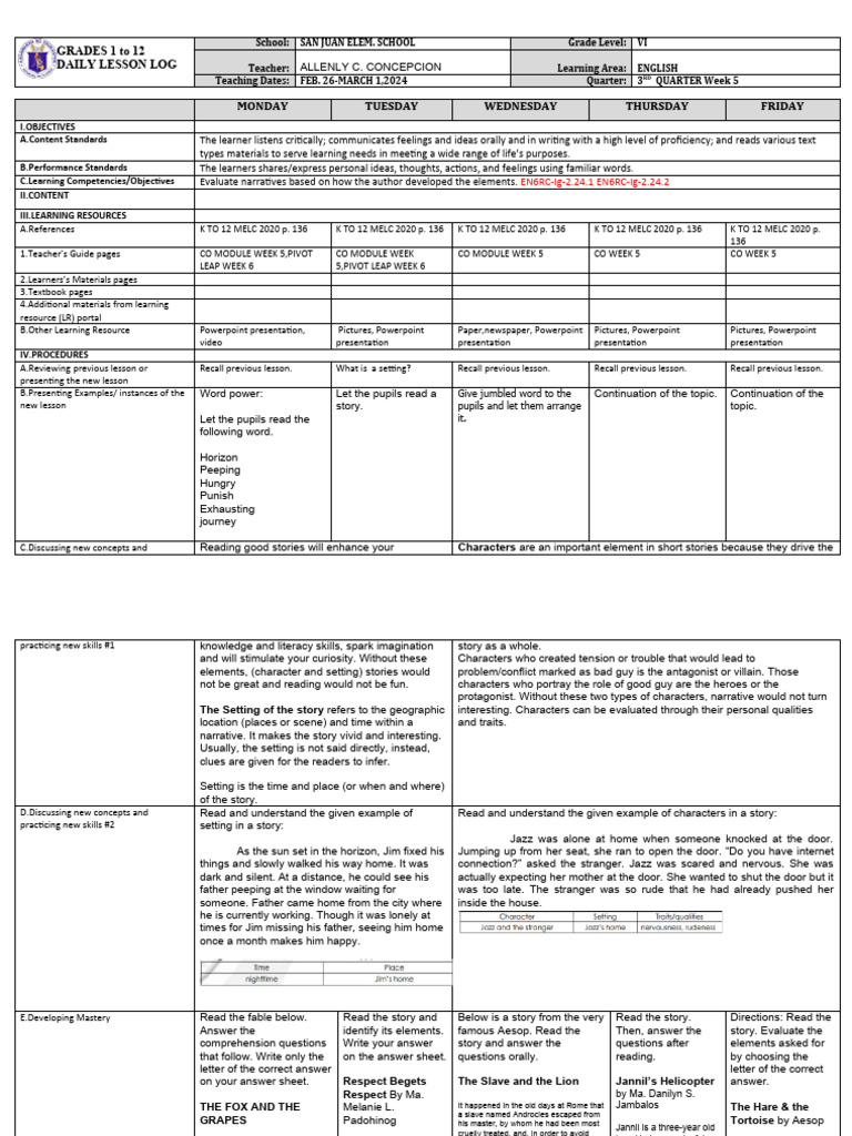 DLL - English 6 - Q3 - W5 | PDF | Learning